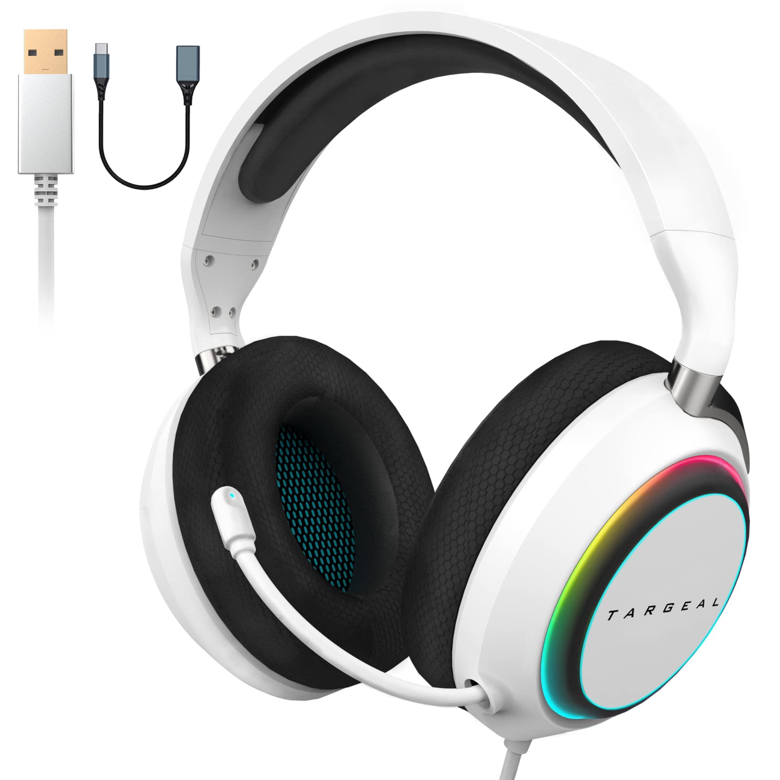 targeal 7.1 Surround Sound Gaming Headset for PS5, PS4, Switch, PC, Laptop, Tablet, Mobile Phone - USB Wired Gamer Headphone with Noise Canceling Mic - 4 Modes RGB - White Headset with C Cable