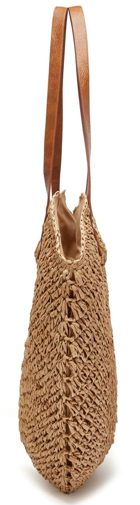 Summer Casual Straw Tote Bag Large Capacity Woven Shoulder Handbag for Summer Beach Vocation (A-Khaki)