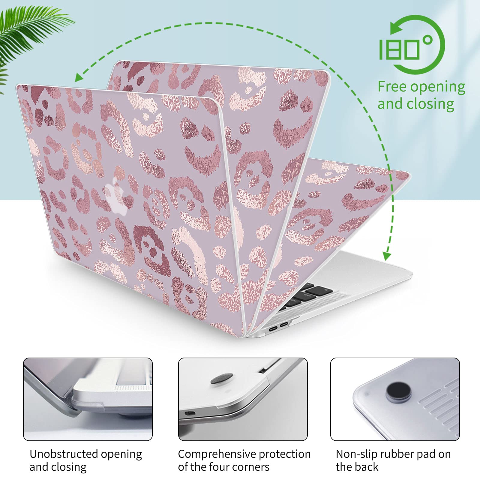 Seorsok Compatible with MacBook Air 13 Inch Model A1932 A2179 M1 A2337 Touch ID Release 2020 2019 2018 Plastic Hard Shell Case Protective Cover with 2 Pieces Pink Keyboard Cover Leopard Print
