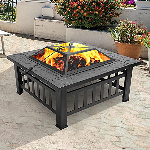 Multifunction Fire Pit Table w/Spark Screen, Fireplace Poker, Grate, Outdoor Fire Pits BBQ Bowl, Square Metal Firepit Table for Backyard Patio Bonfire Garden