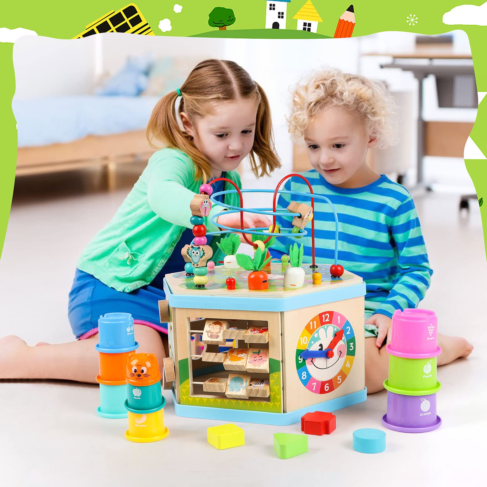Vomocent Activity Cube for 1 Year Old Boy Girl, 10 in 1 Wooden Educational Learning Bead Maze for Toddler 1-3, Developmental Montessori Toys for 12-36 Months Gift