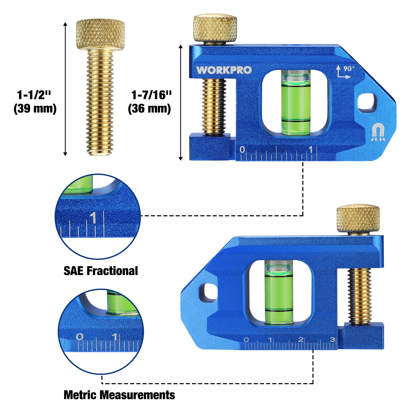 WORKPRO Conduit Bending Level, Magnetic Level, Pipe Level, Bubble Vial for 90° Measurement, Aluminum Alloy Construction, 2.5-inch, Cobalt Blue
