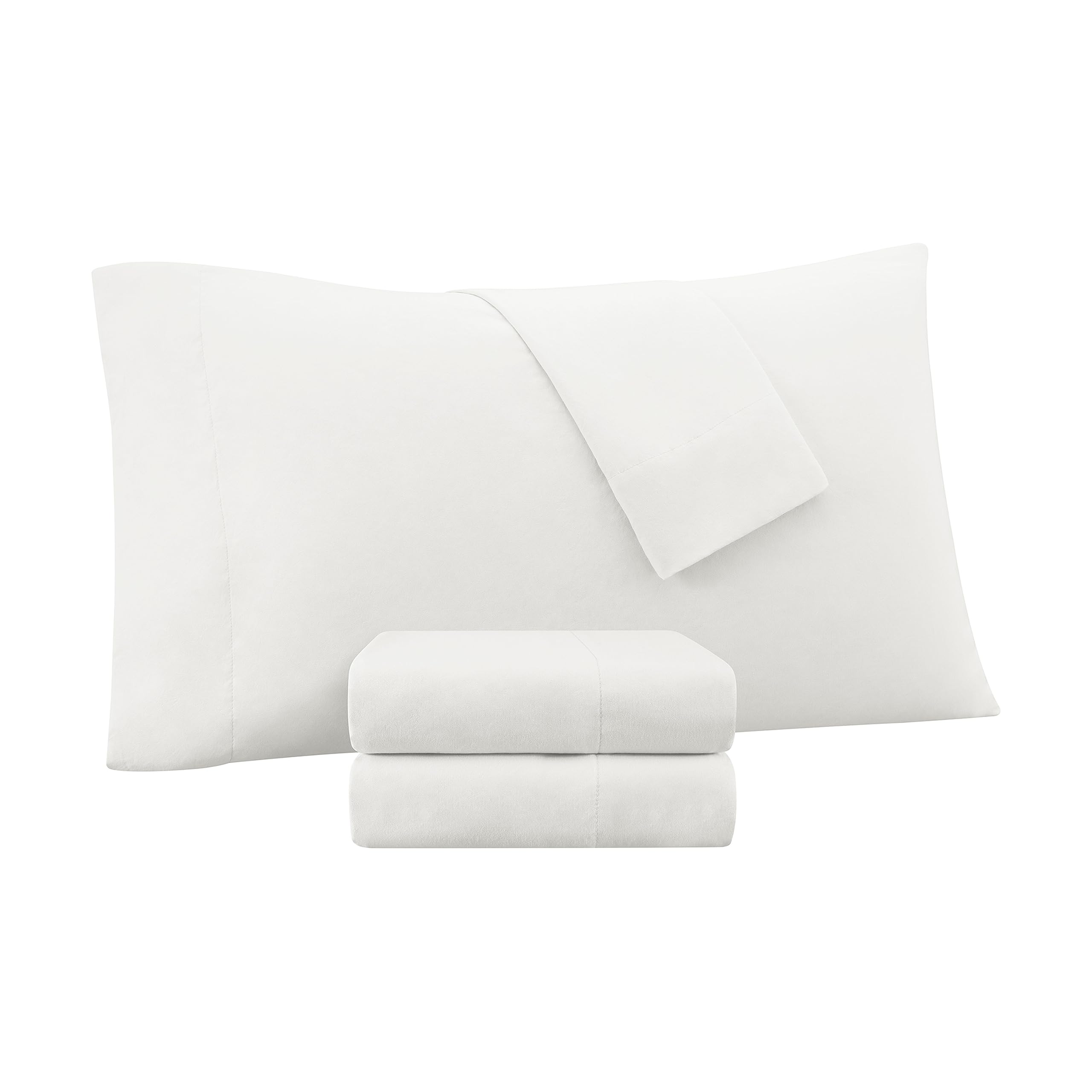 Serta Supersoft Washed Cooling 4 Piece Bed Sheet Set with Pillow Covers for All Season, Queen, Snow White