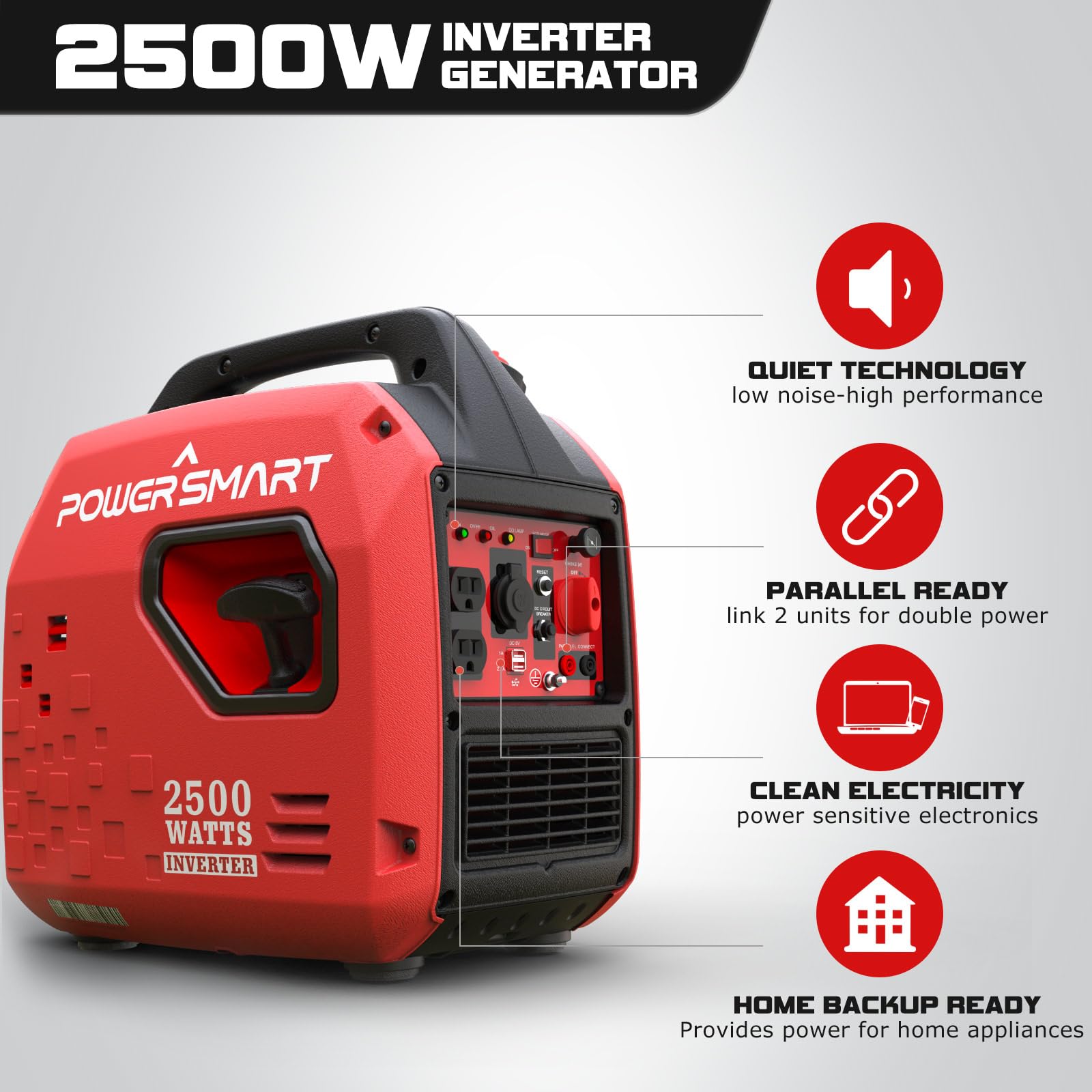 PowerSmart 2500-Watt Super Quiet Portable Inverter Generator, Gas Powered, High Fuel-Efficient Generator, Lightweight for Camping Home Use CARB Compliant PS5025 2024Version