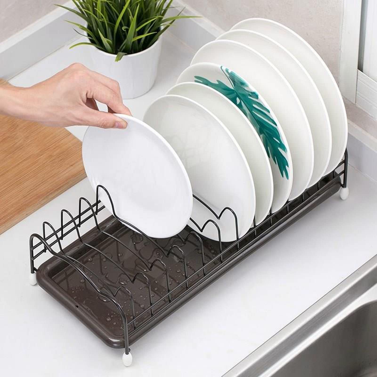 Pots and Pans Organizer Rack with Draining Tray, Kitchen Countertop Pot Lid Holder, Cutting Board Stand, Multi-Functional, for Baking Pan, Trays
