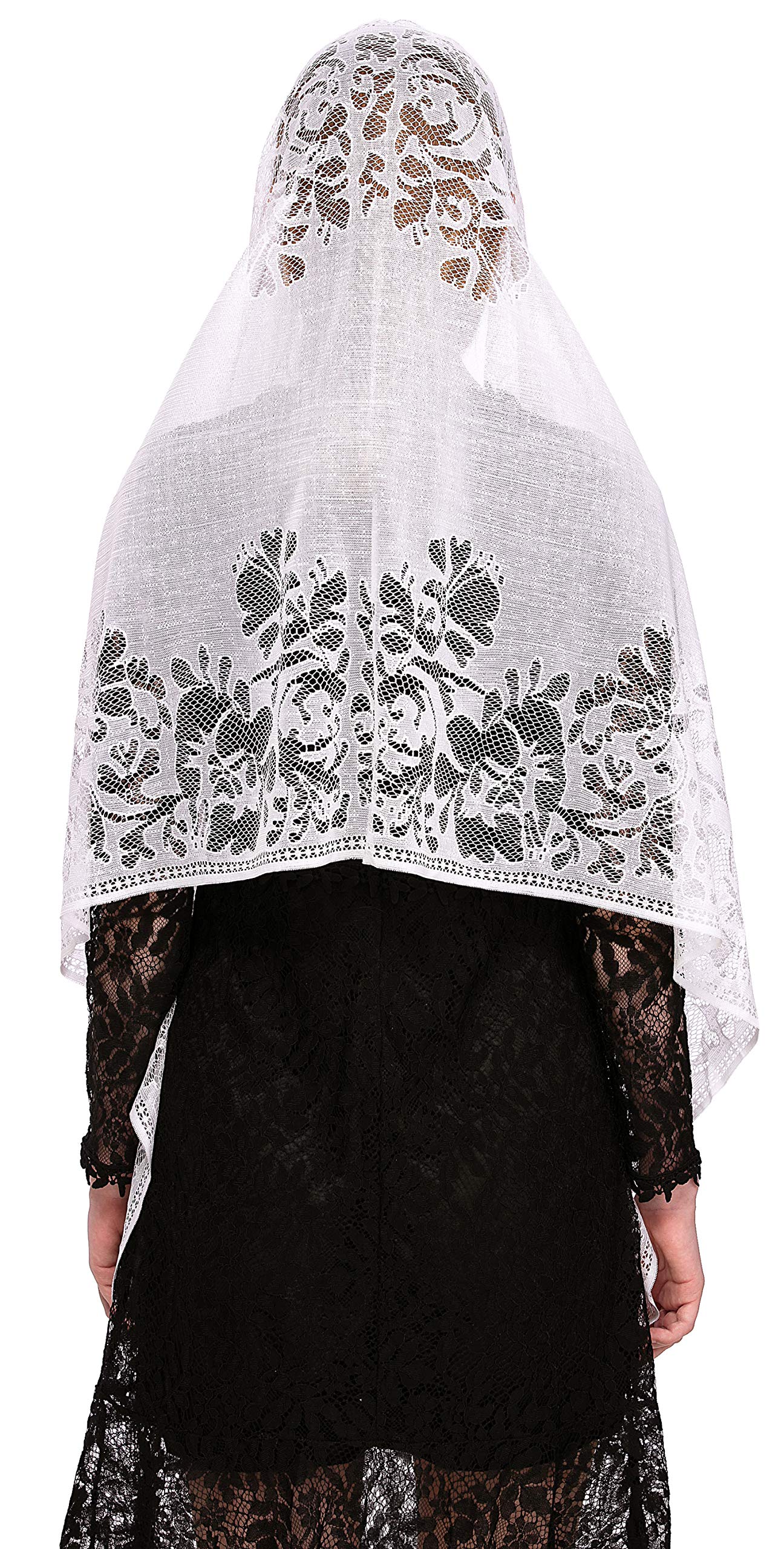 PAMOR Chapel Veil Scarf Mantilla Veils Rectangular Wrap Shawl Mass Head Covering with Fringe Trim (White)