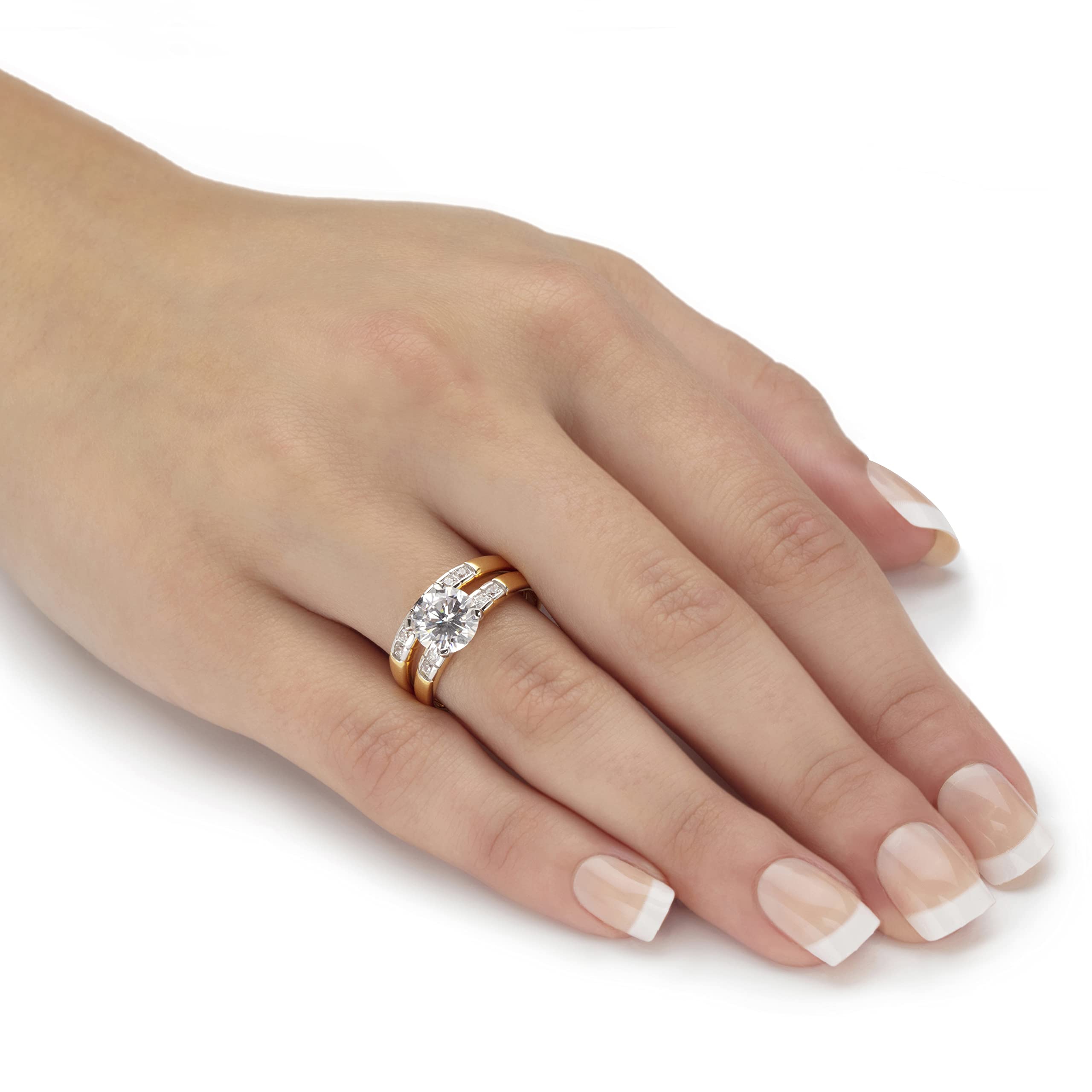PalmBeach 18k Gold-Plated or Platinum-Plated Sterling Silver Round CZ Two Tone 2 Piece Bezel Set Bridal Ring Set Size 9