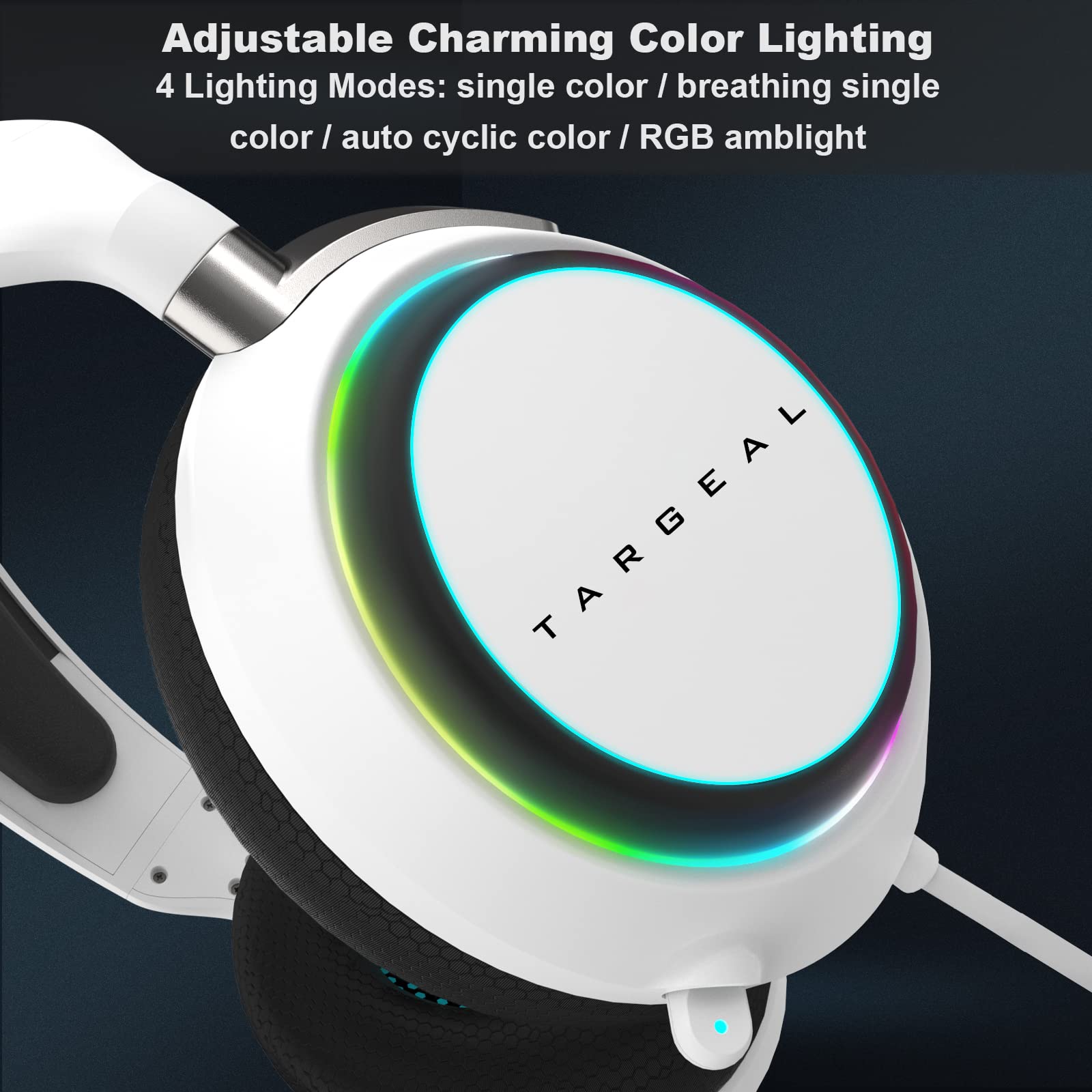 targeal 7.1 Surround Sound Gaming Headset for PS5, PS4, Switch, PC, Laptop, Tablet, Mobile Phone - USB Wired Gamer Headphone with Noise Canceling Mic - 4 Modes RGB - White Headset with C Cable
