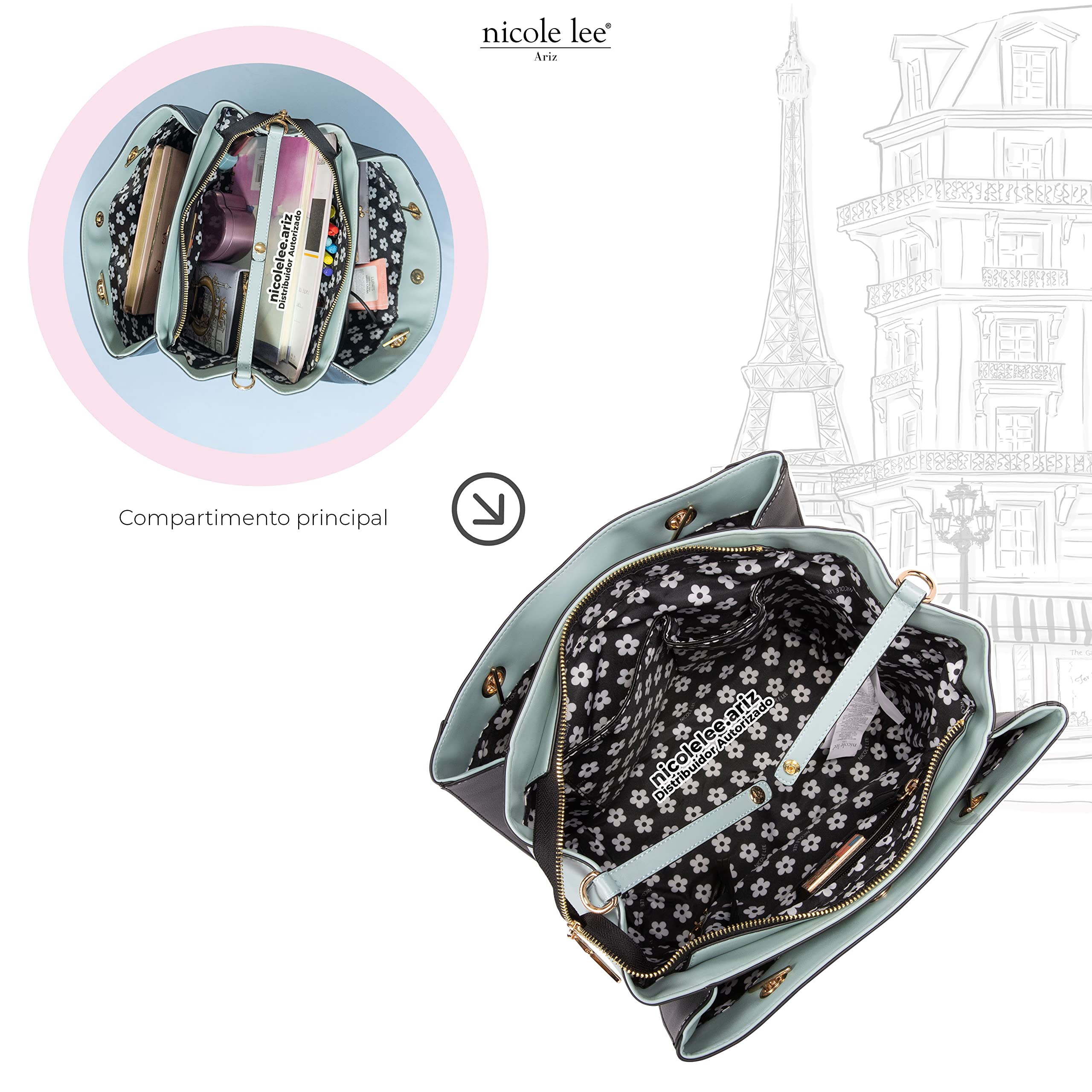 Nicole Lee Dreaming the City Fashion Print Medium Satchel, 3 Compartents, Chain Link Handles, Rhinestone Flower Sequins