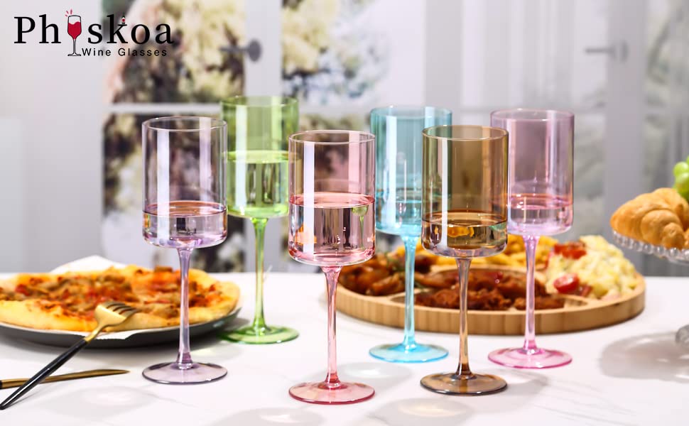Physkoa Hand Blown Colorful Wine Glasses Set of 6 - Crystal Stemware Glasses with Long Stem, Ideal for Weddings, Engagements, and Parties, 11.5oz