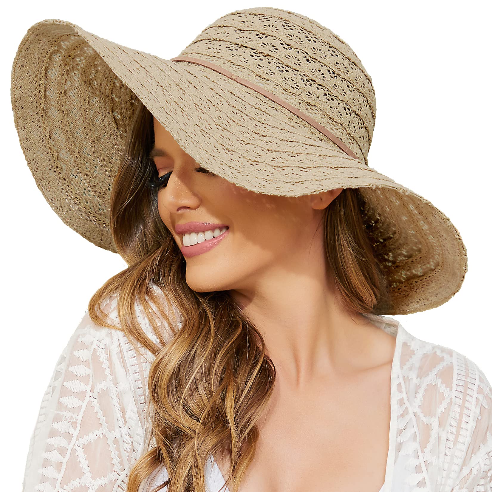 Sun Hats for Women, Floppy Beach Hats for Women Foldable, Wide Brim Summer Hat, Packable Sun Beach Floppy Hats Women Khaki