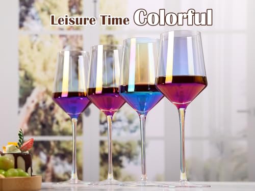 Physkoa Rainbow Wine Glass Crystal Hand-Blown Iridescent Wine Glasses Set of 6 for Wine Tasting,Bar 15oz