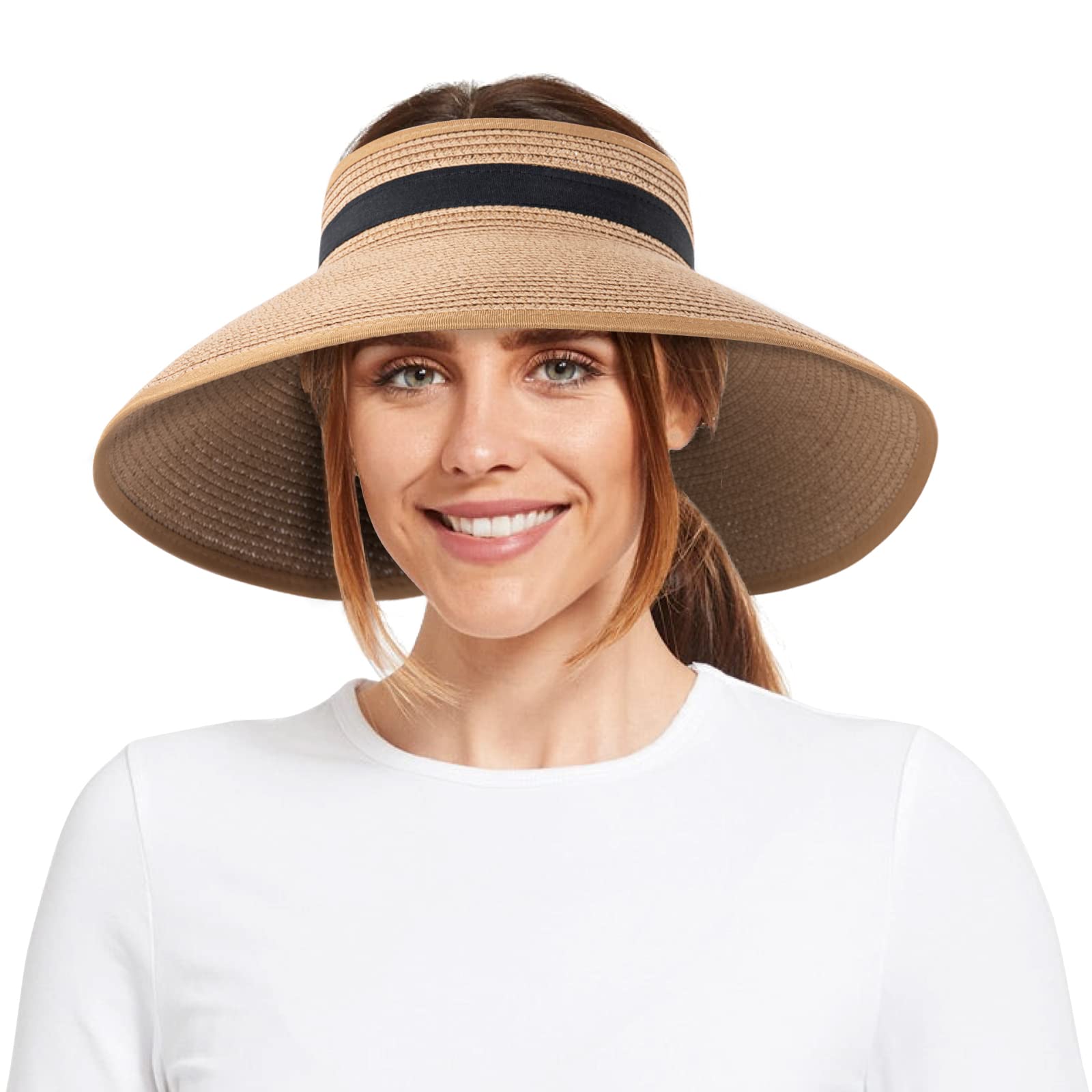 Sun Visor Hats for Women, Summer Beach Hat with Wide Brim, Adjustable Sun UV UPF50+ Protection Visor Hat, Roll Up Ponytail Hat Packable Foldable for Travel Vacation A-Khaki