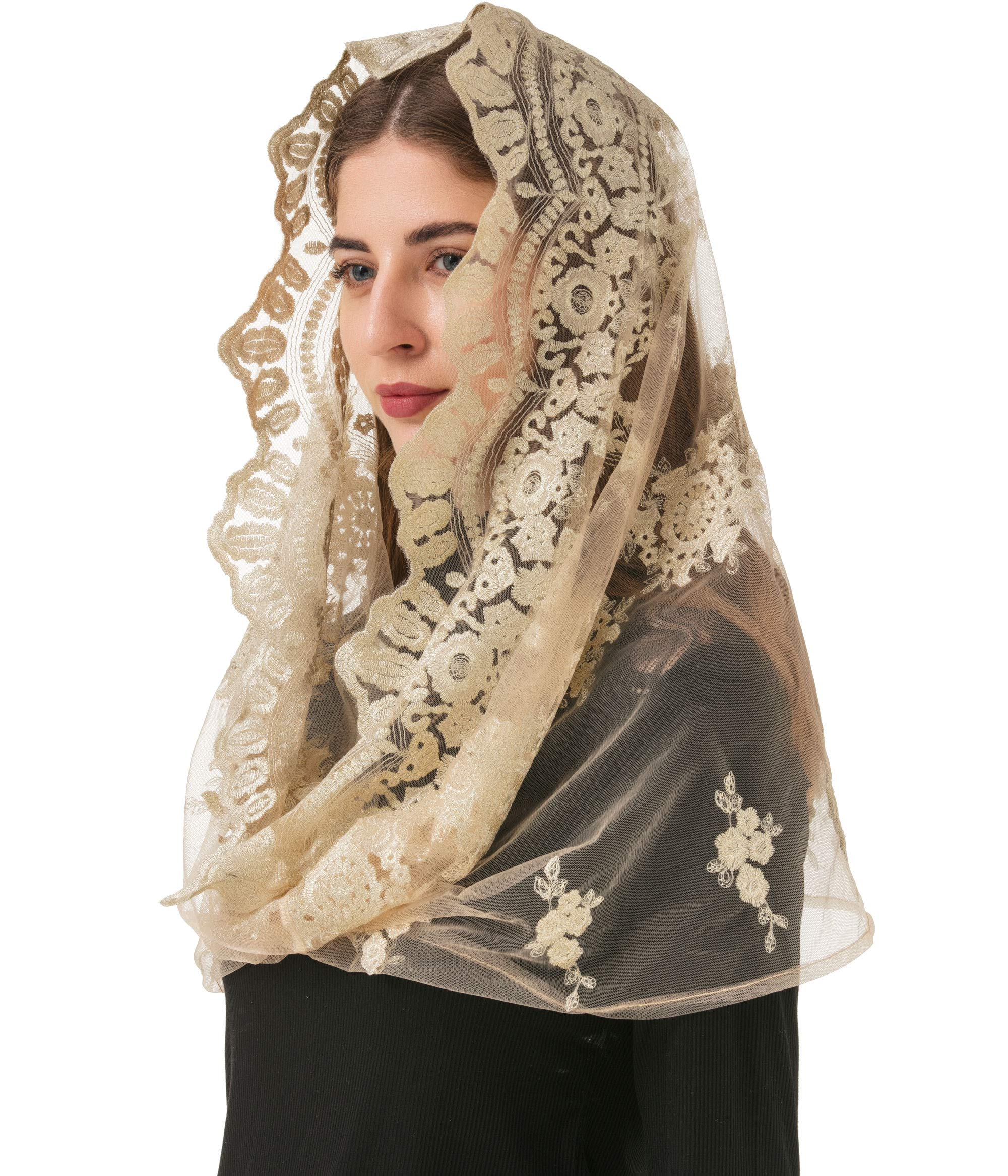 PAMOR Gold Embroidered Traditional Vintage Inspired Infinity Veil Mantilla Veils Mass Head Covering