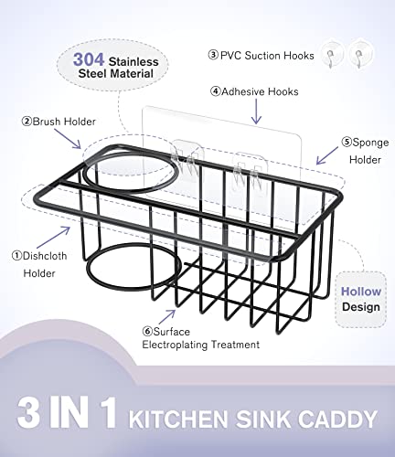 VIS'V 3 in 1 Sink Caddy Sponge Holder, 304 Stainless Steel Adhesive Kitchen Sink Basket Sponge Holder Brush Holder Dishcloth Hanger Kitchen Sink Accessories Organizer Rack with 2 Suction Cups - Black