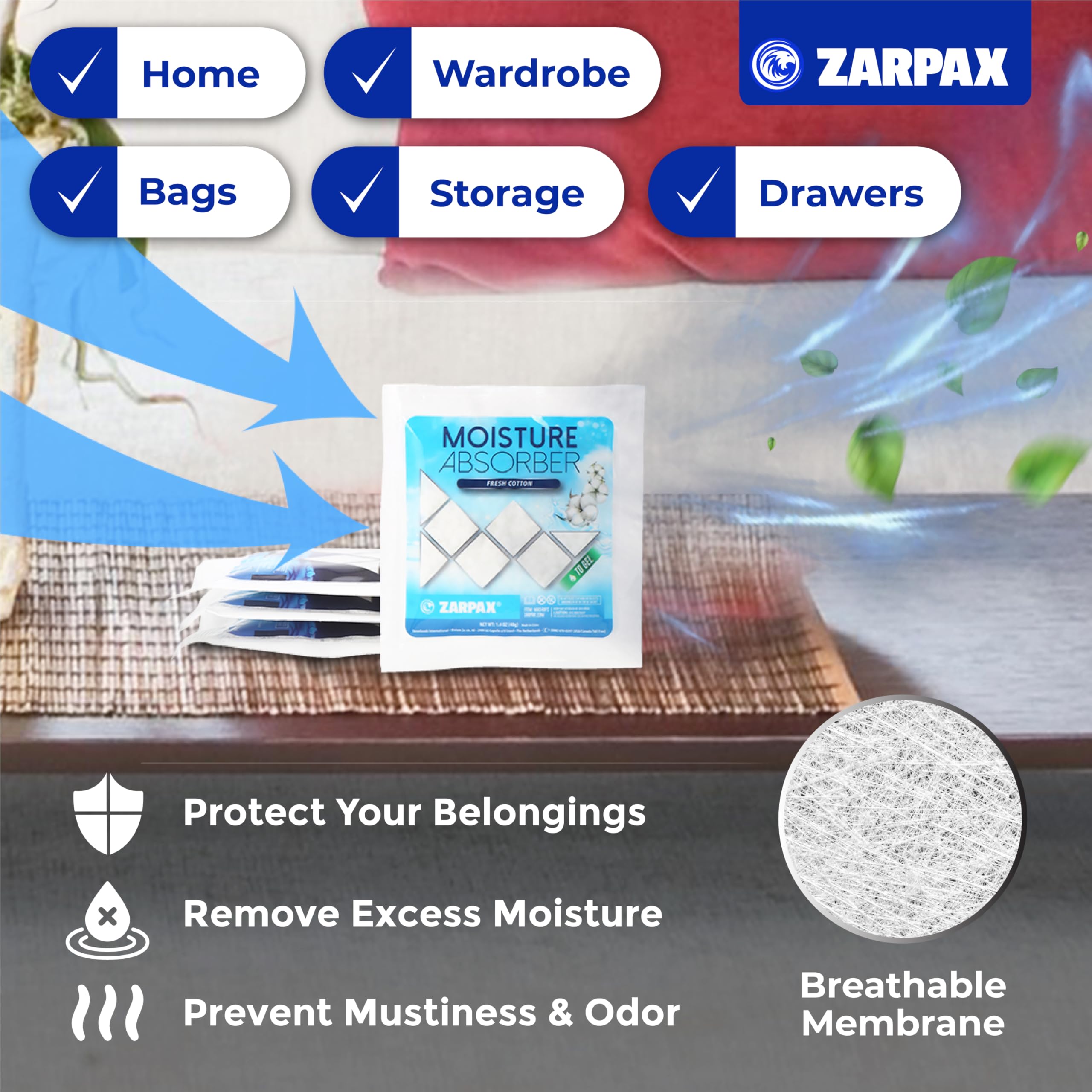 Zarpax Moisture Absorber Sachets Fresh Cotton 1.4 oz/40g - Remove Excess Moisture In Air & Odor - Desiccant Dehumidifier for Closet, Drawer, Safe, Storage - Dampness & Humidity Control - Set of 8
