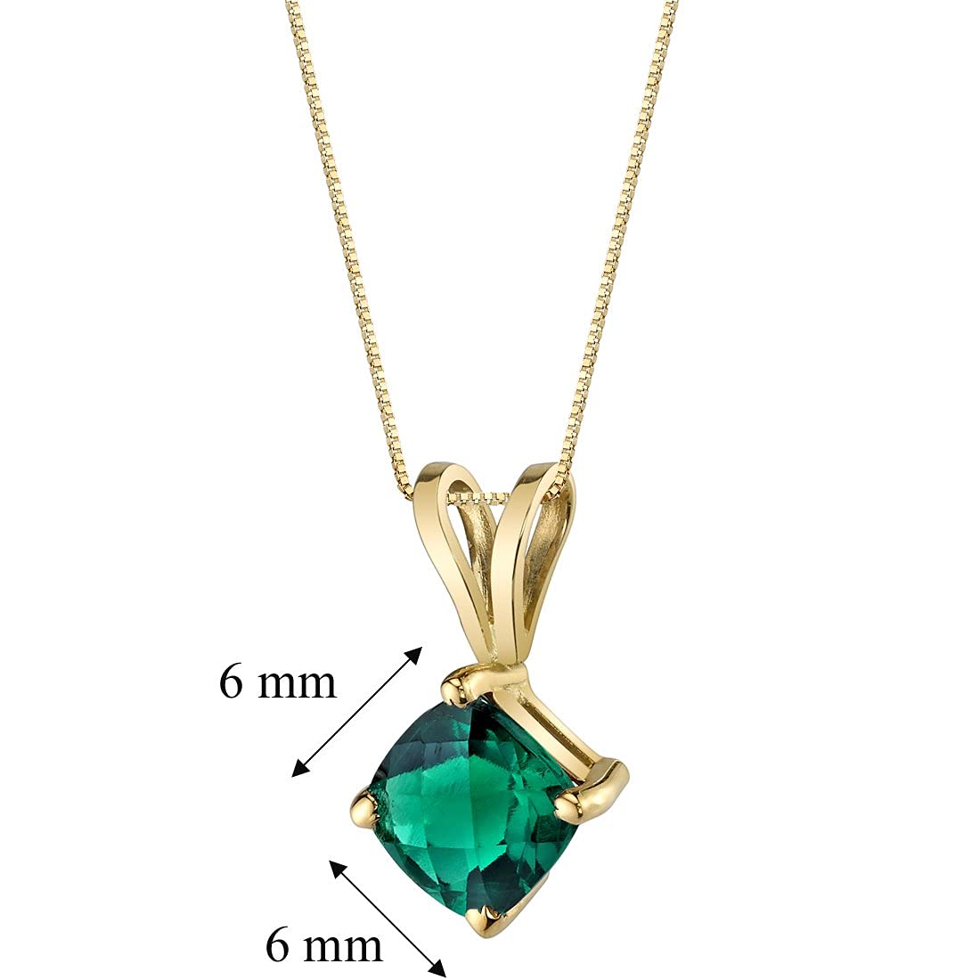 PEORA 14K Yellow Gold Created Emerald Pendant for Women, Classic Solitaire, 0.75 Carat, Cushion Cut, 6mm, AAA Grade