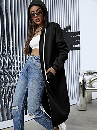SheIn Women's Zip Up Long Hoodie Pocket Drawstring Basic Zipper Tunic Hooded Sweatshirt Black Small