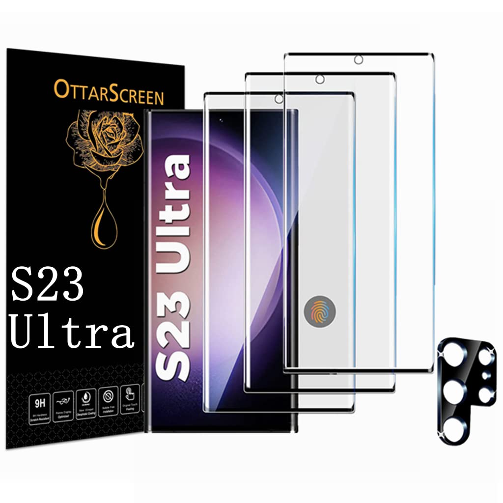 OttarScreen Galaxy S23 Ultra Screen Protector, 3 Pack Tempered Glass Screen Protector, 1 Pack Tempered Glass Camera Lens Protector, 3D Glass 9H Hardness Tempered Glass Screen Protector for Samsung