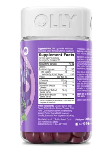 OLLY Restful Sleep Gummy Supplement with Melatonin & L-theanine Chamomile, BlackBerry Zen, (55 Day Supply) Supports A Healthy Sleep Cycle* Packaging May Vary (110 Gummies)