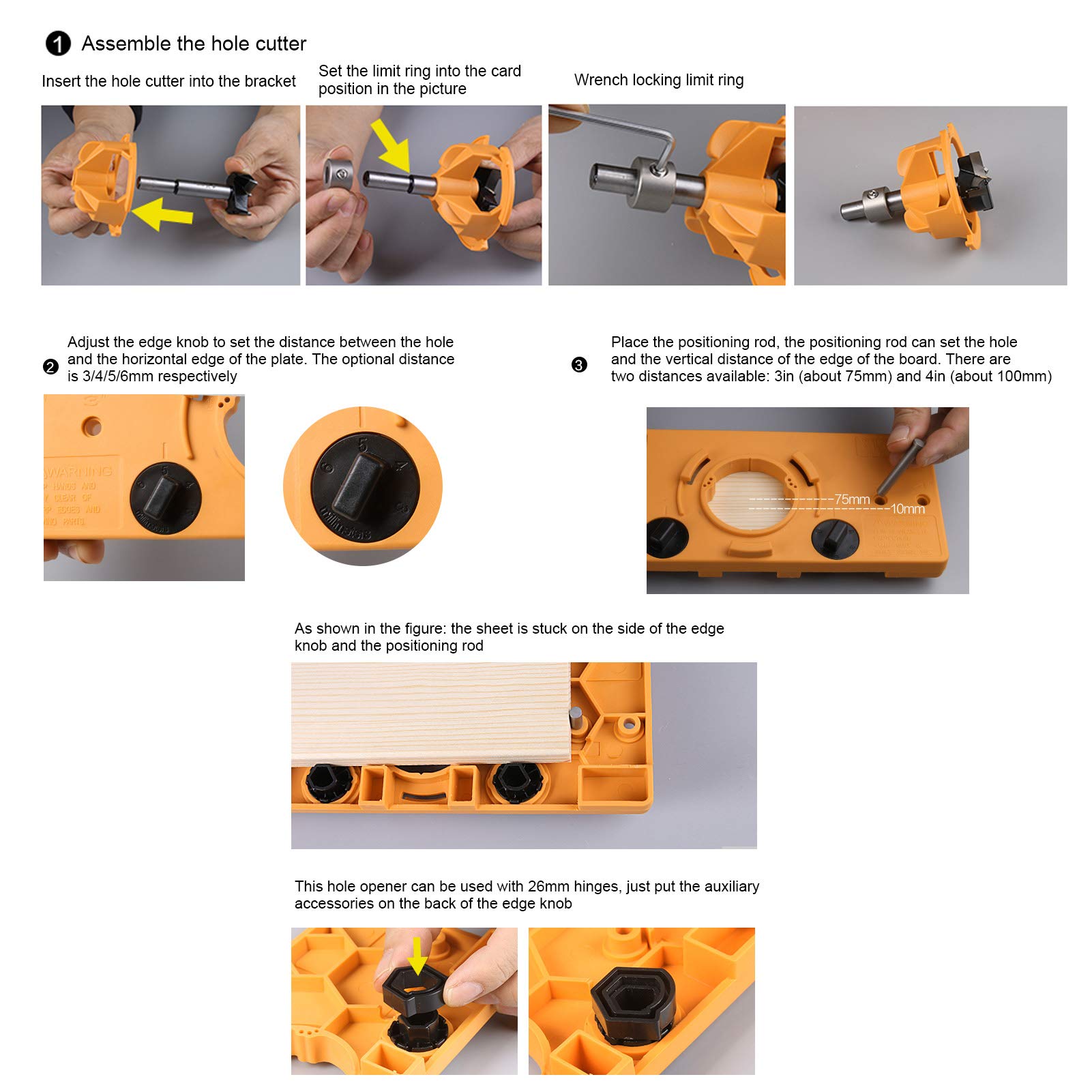 Walfront 35mm Hinge Hole Jig Drill Guide Set Concealed Hinge Hollow Hole Locator DIY Carpenter Cabinet Door Installation, Fixture