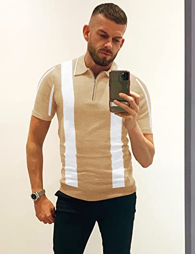URRU Mens Casual Athletic Golf Polo Shirts Turn Down Collar Zipper Vertical Shirt Khaki XL
