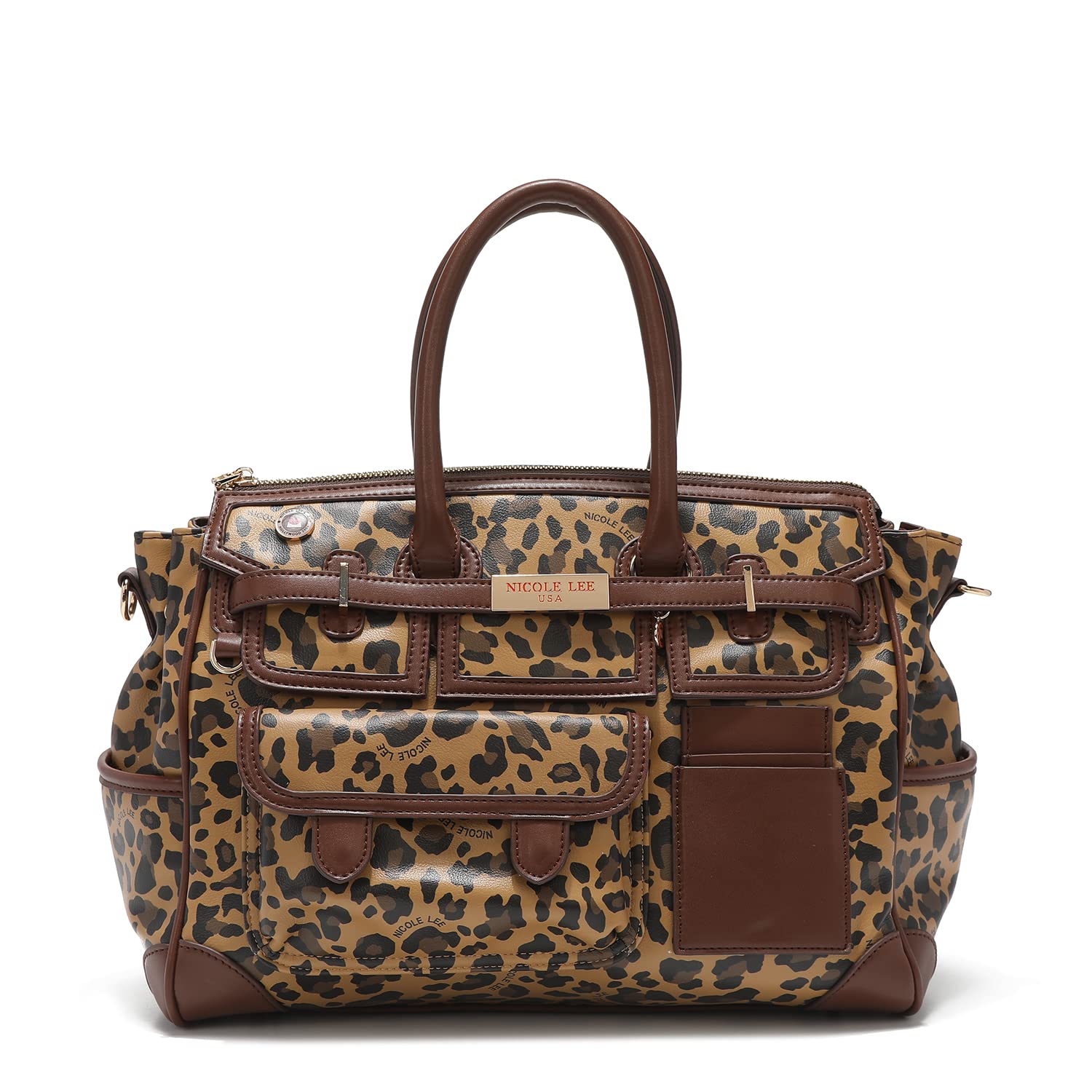 Nicole Lee Lola Leopard Print Brown/Black Medium Satchel, 8 Pockets, Phone Compartment, Card Holder, Optional Crossbody Strap