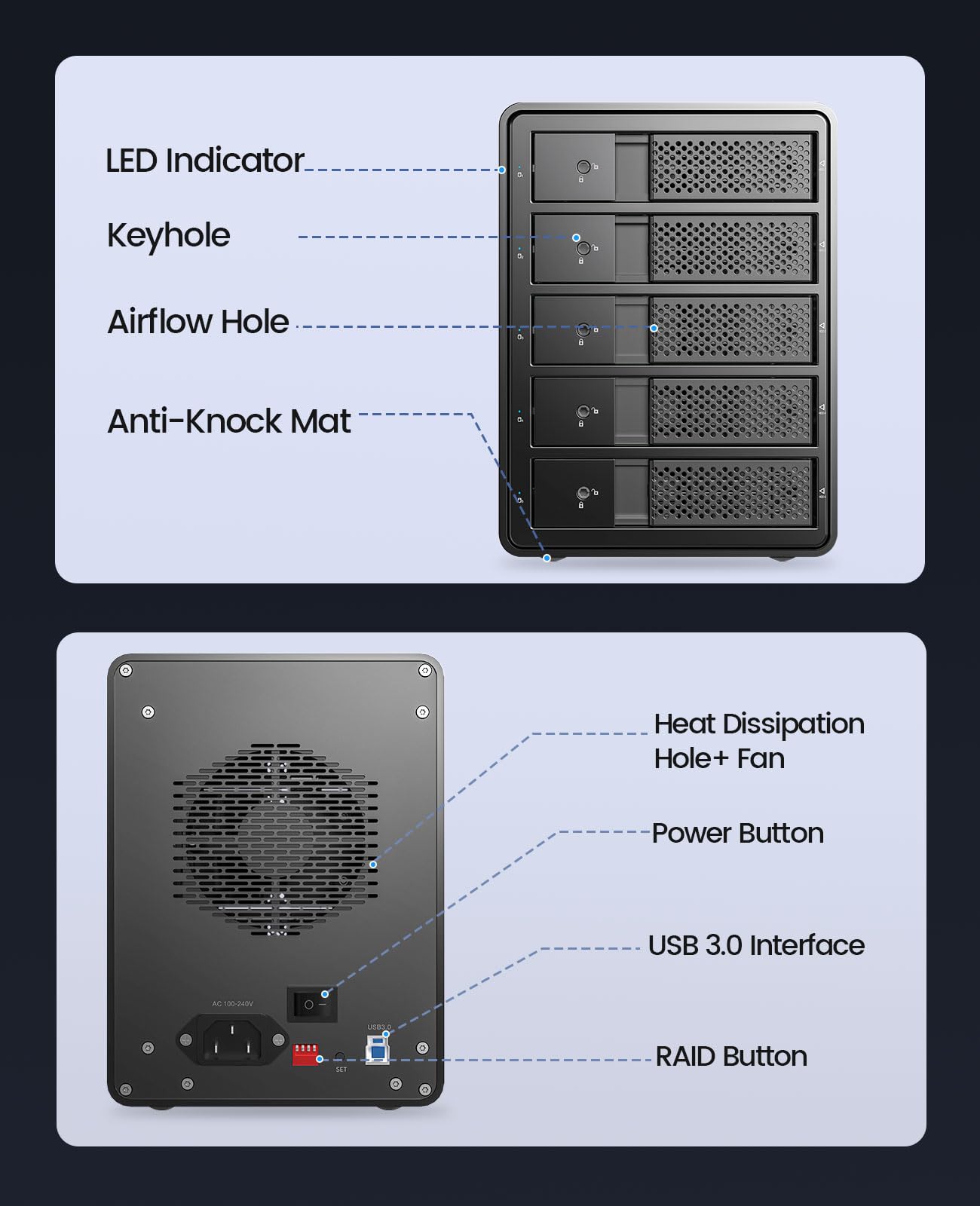 ORICO 4 Bay Raid Hard Drive Enclosure Aluminum with Hard Drive Tray-Less Design HDD Enclosure Max Up to 80TB Support RAID 0/1/3/5/10/JBOD/Single Mode, Designed with Safety Lock -9548RU3