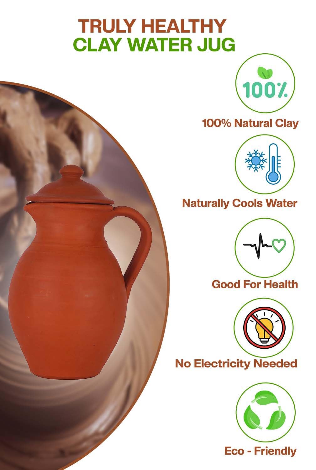 Village Decor Handmade Earthen Clay Water Jug with Lid | Carafes Pitcher | Capacity 51 oz 1500 ml