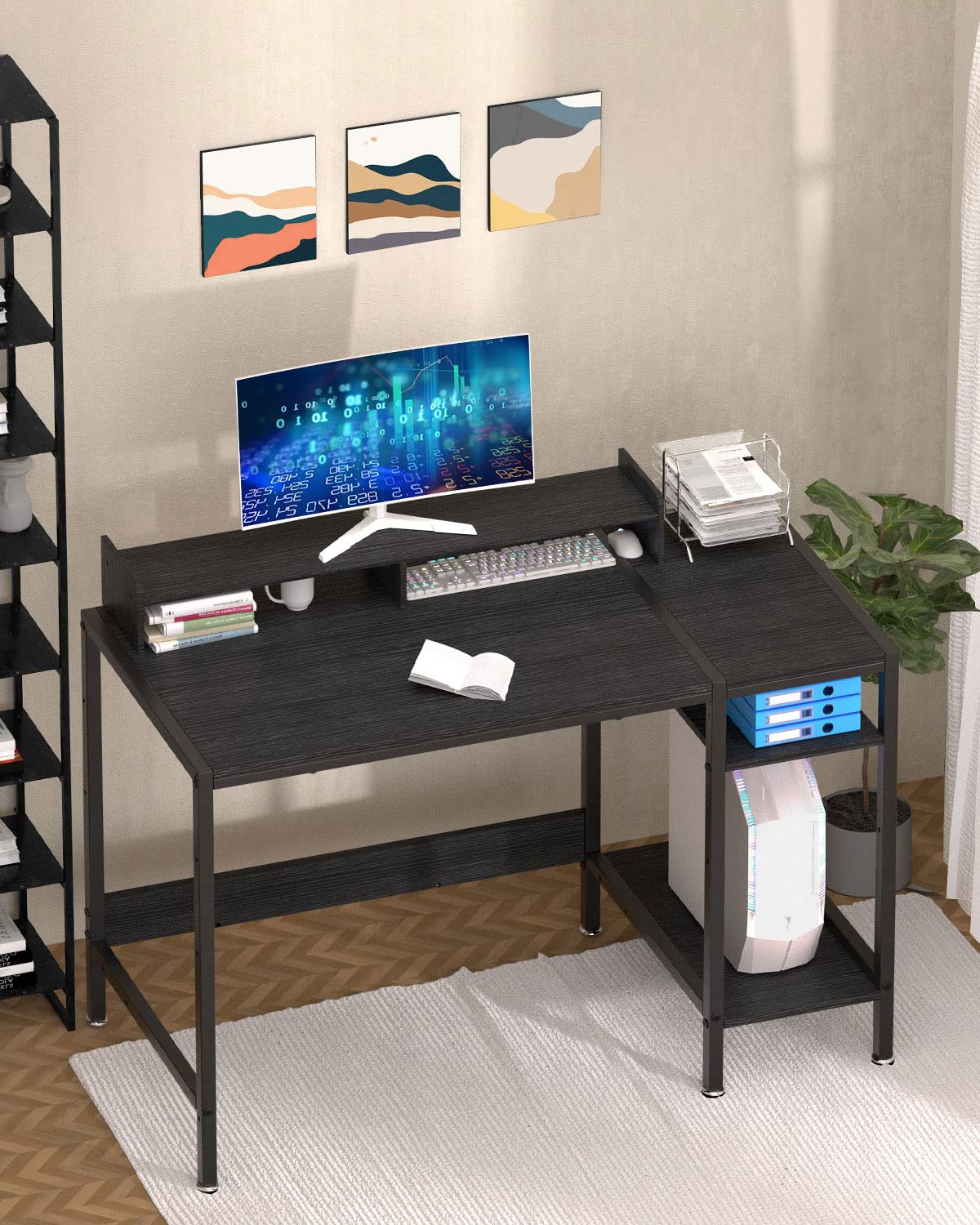 MINOSYS Computer Desk - 47” Gaming Desk, Home Office Desk with Storage, Small Desk with Monitor Stand, Storage Space-Savor, Modern Table, Black.