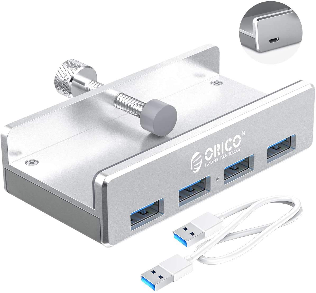 ORICO USB 3.0 Hub Clamp Adapter, Aluminum 4-Port USB Splitter with Extra Power Supply Port and 4.92 FT USB Data Cable, Ultra-Portable USB Expander for 2021 iMac/Laptop/PC