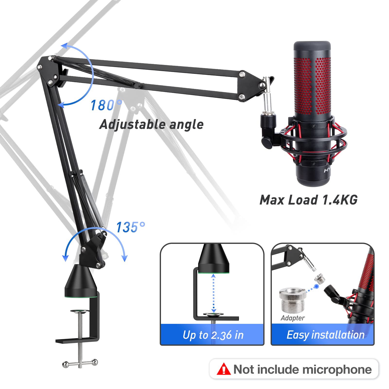 SUNMON HyperX QuadCast Boom Arm,Adjustable Suspension Microphone Boom Arm for HyperX QuadCast, QuadCast S Boom Arm – Upgrade C Clamp, 2 Cable Ties, Pop Filter Cover Compatible with HyperX Microphone