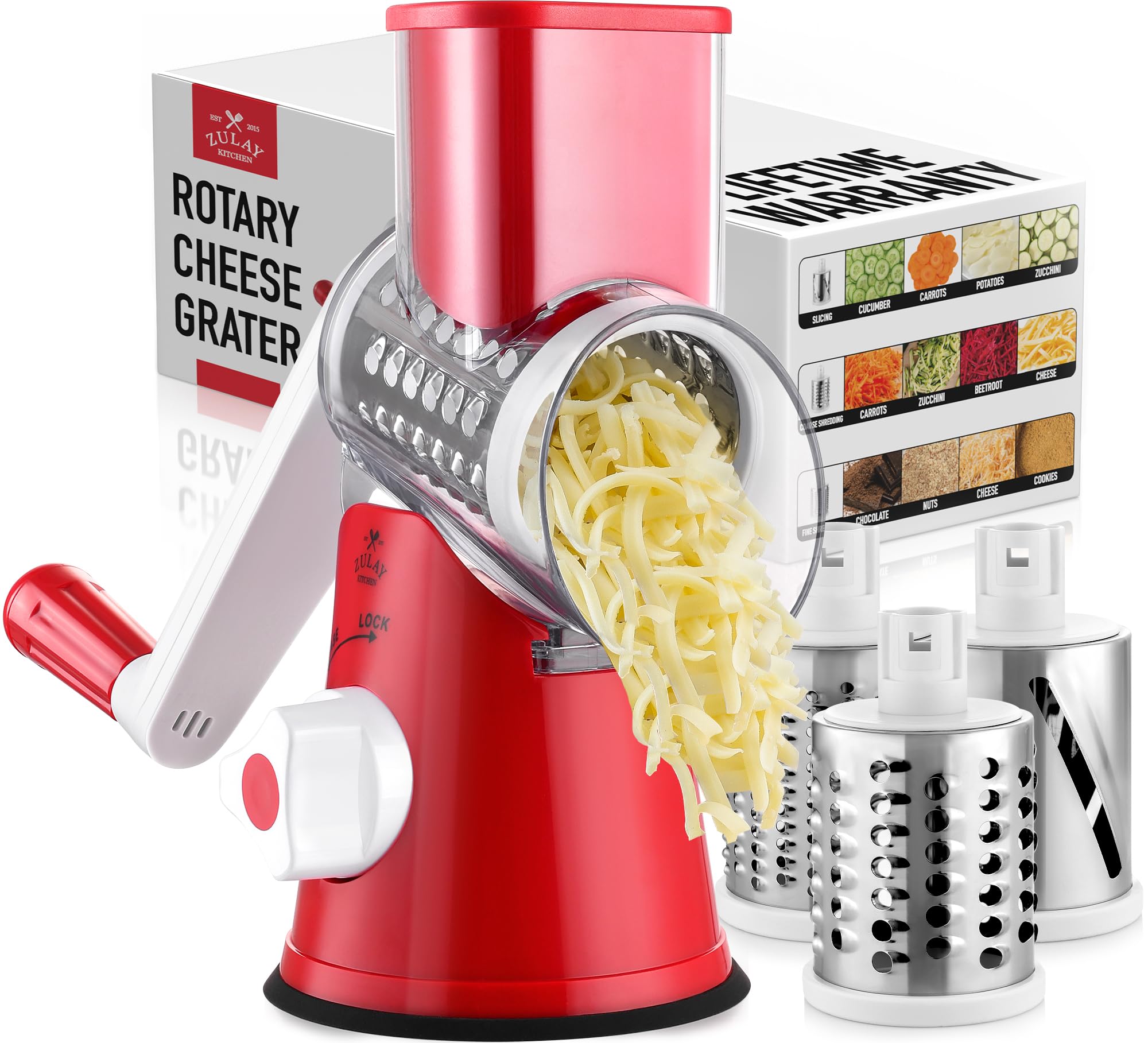 Zulay Kitchen Cheese Grater Hand Crank, Grater For Kitchen With Reinforced Suction - Rotary Cheese Grater With 3 Replaceable Stainless Steel Blades - Easy to Use & Clean - Vegetable Cutter - Red