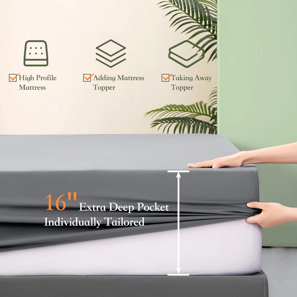 Shilucheng 1000 Thread Count 100% Cotton Queen Size Bed Sheets Set, 16" Deep Pocket Pure Egyptian Cotton,Ultra Soft Cooling Pillowcase Set -4 Piece(Drak Grey,Queen)