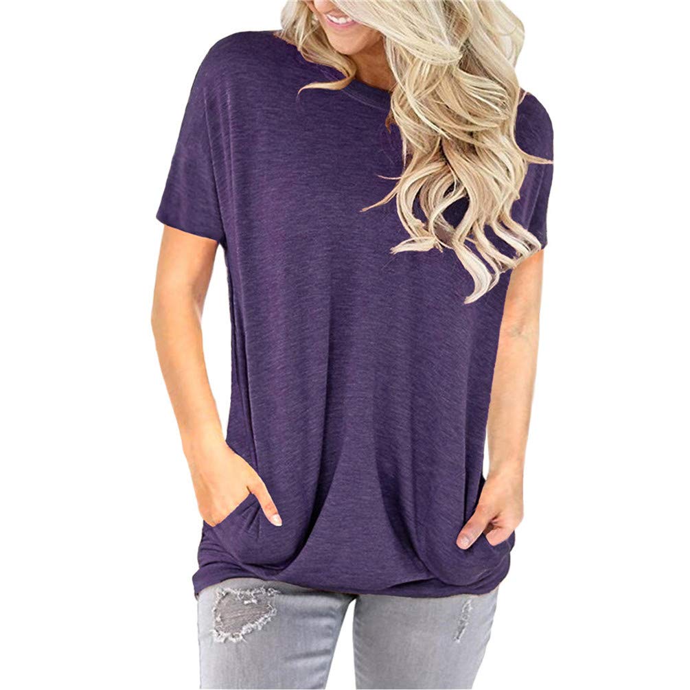 onlypuff Short Sleeve Shirts for Women Pockets Navy Blue Round Neck Tunic Top Solid Color Casual Top M