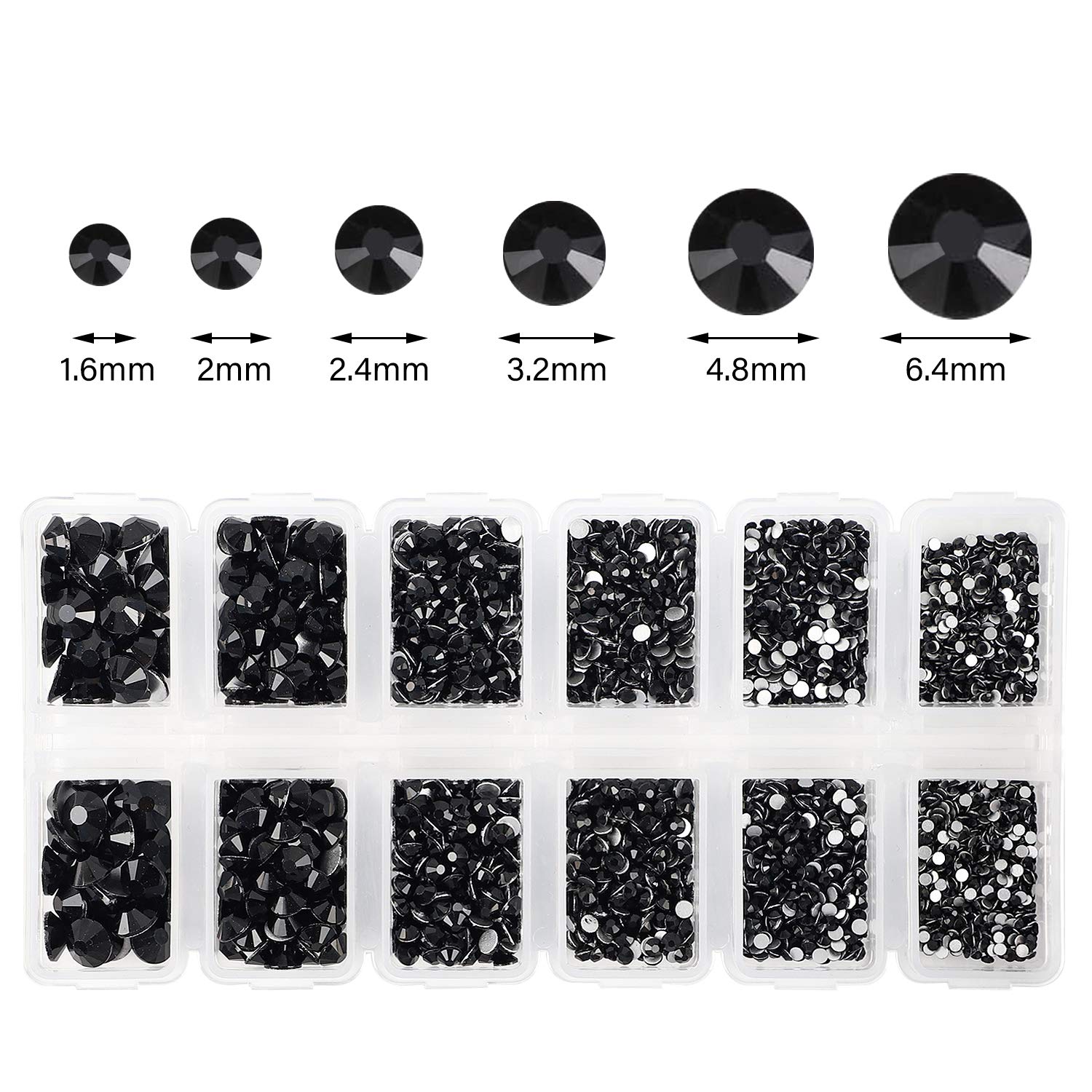Outuxed 3200pcs Black Rhinestones 6 Size(1.6-6.4mm) FlatBack Crystal Rhinestones Gems for Crafts with Tweezers and Picking Pen