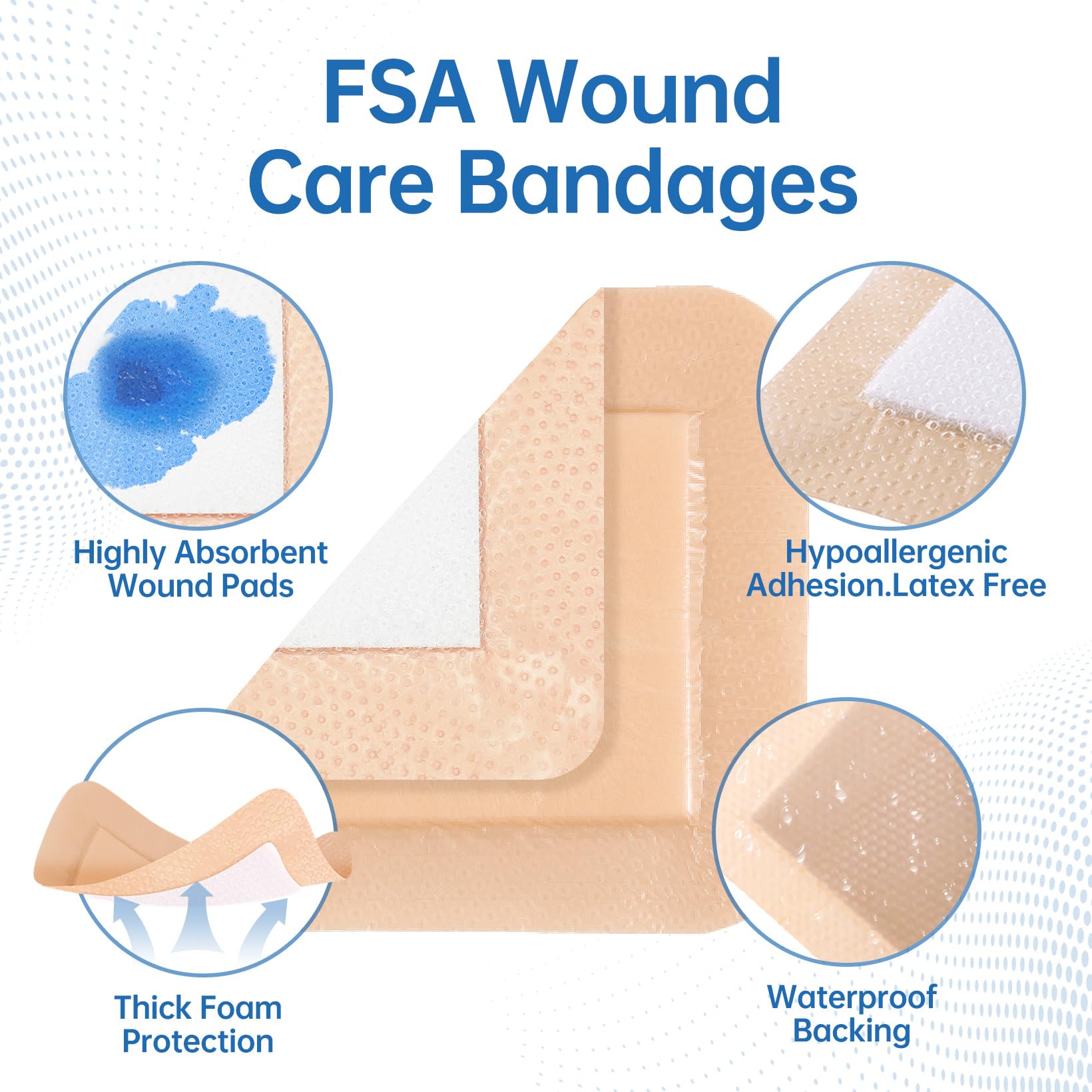 Niceful Silicone Foam Dressing 4"x4", Waterproof Silicone Bandages with Border Adhesive, High Absorbency Bed Sore Bandages Wound Care Dressing (2.5"X2.5" Pad), 5 Packs, FSA HSA Eligible