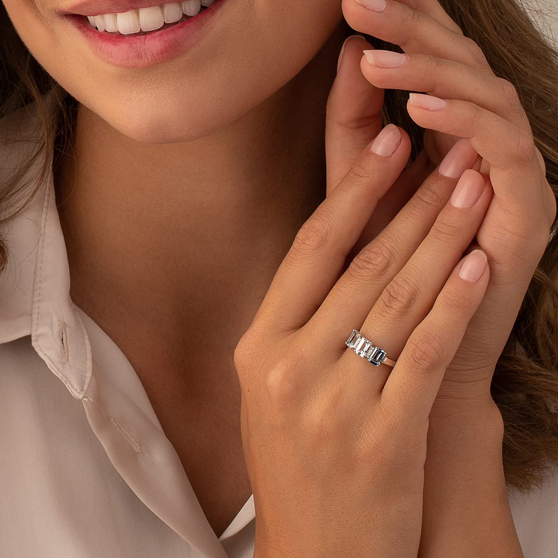PEORA Aquamarine and Diamond Three Stone Ring for Women 14k White Gold, Genuine Gemstone Birthstone, 1.50 Carats total Emerald Cut 6x4mm, Size 8