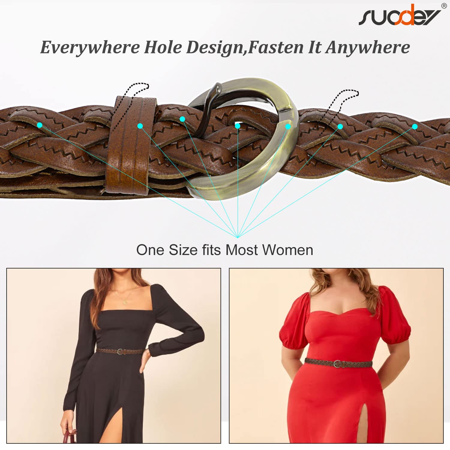 SUOSDEY 3 Pack Skinny Braided Leather Belts for Women, Thin Woven Waist Belts for Jeans Dresses,black brown white belts
