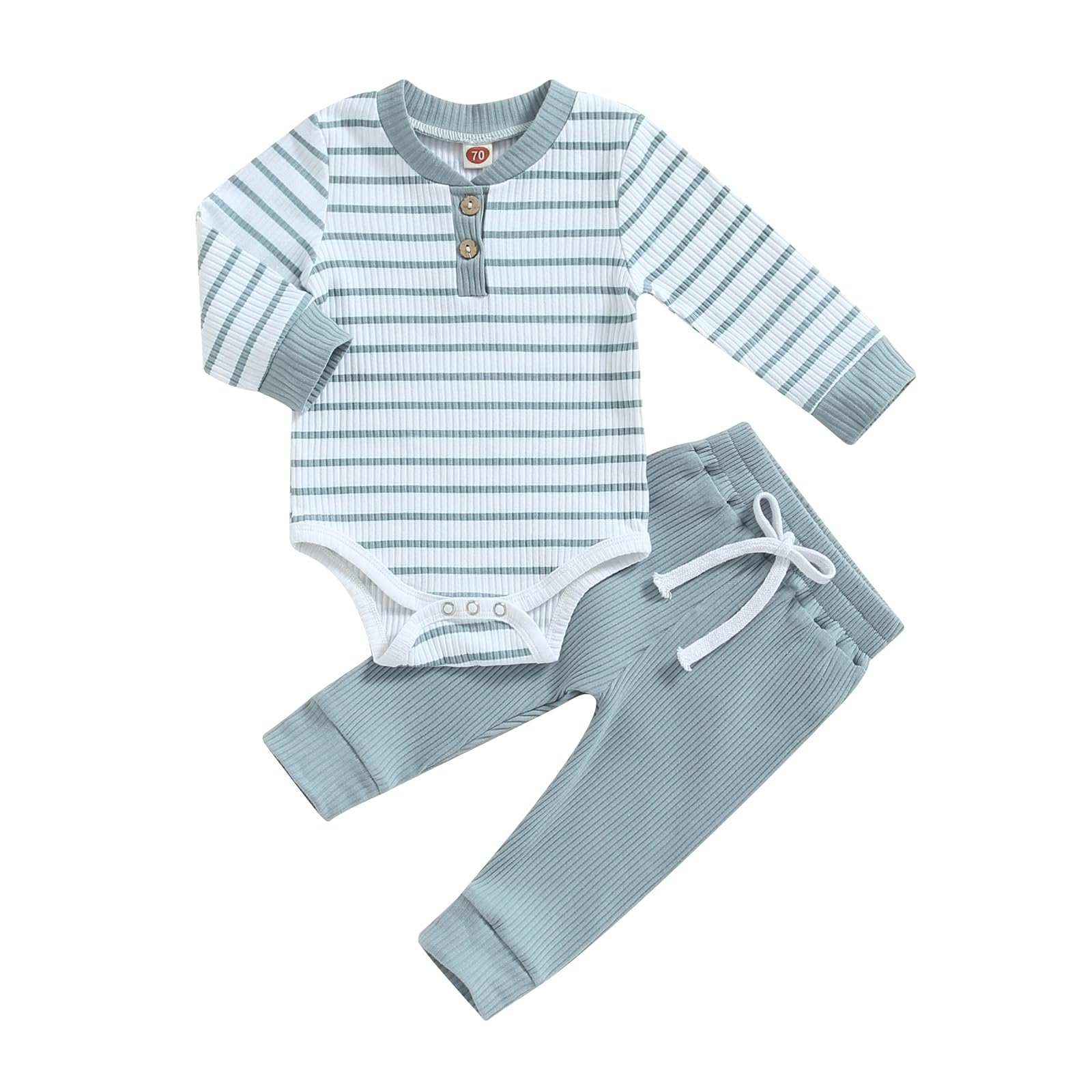 Newborn Baby Boy Girl Clothes Ribbed Knitted Long Sleeve Romper Pants Solid Cotton Infant Fall Winter Outfits 2Pcs (Striped Blue, 0-3 Months)