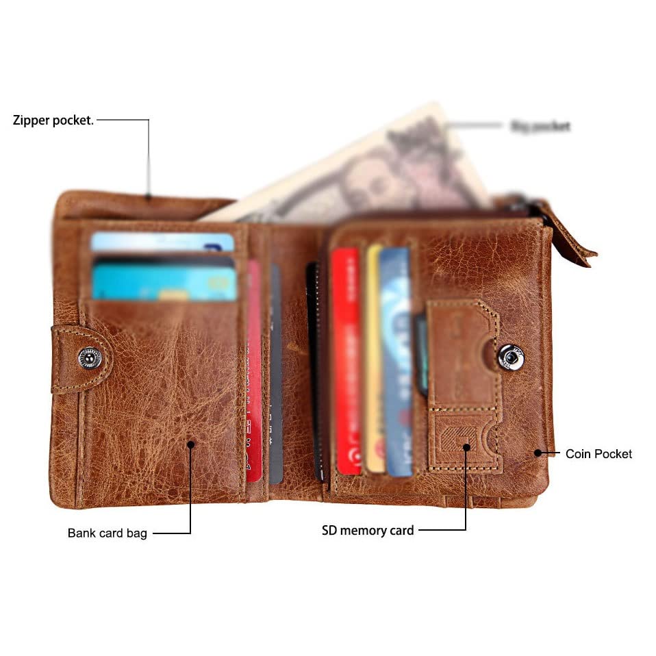 ZCMEB Leather Men's Wallet Trifold Wallet Zipper Coin Purse Wallet Leather Wallet