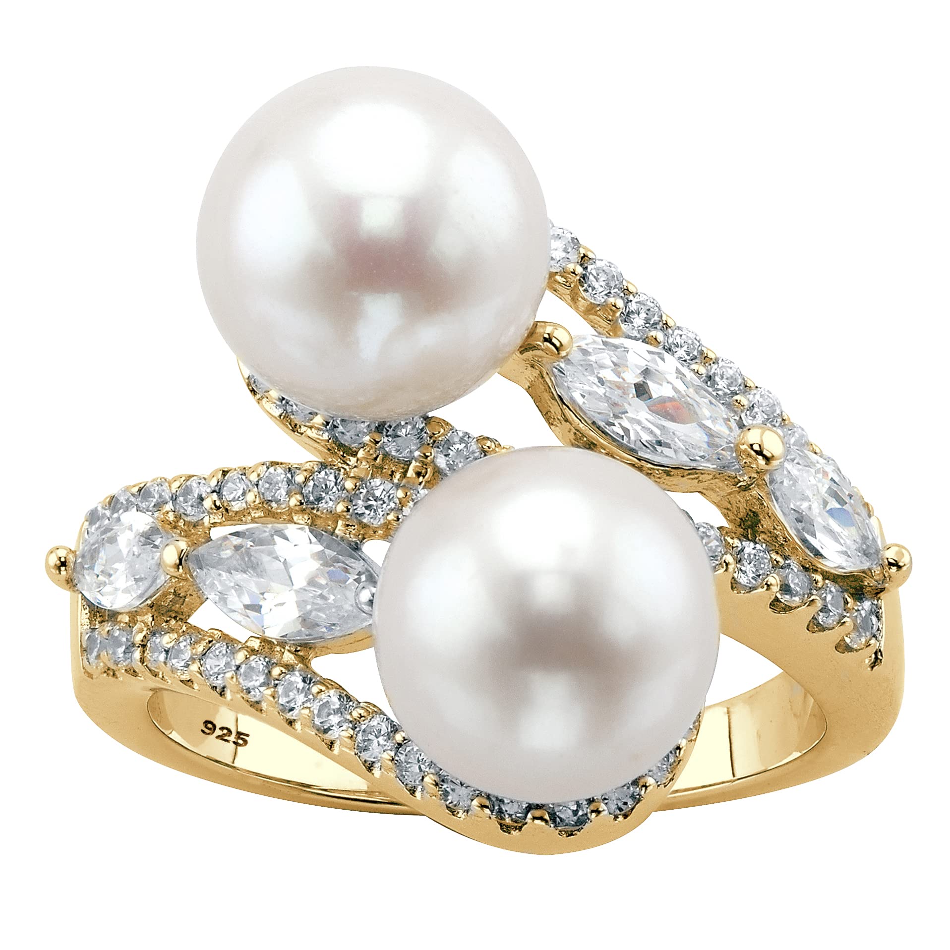 PalmBeach Jewelry Gold-Plated or Sterling Silver Round Genuine Cultured Freshwater Pearl with Marquise Cubic Zirconia Bypass Ring Size 7