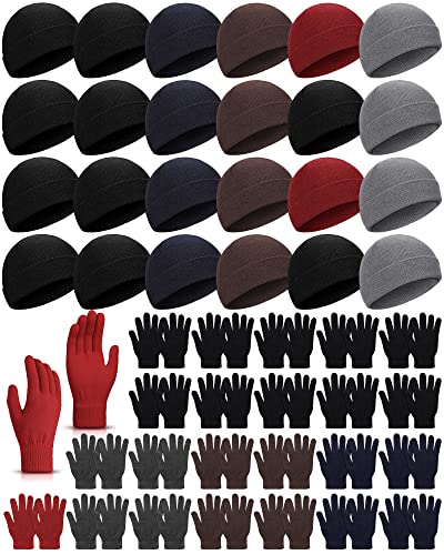 Tarpop 48 Pcs Winter Beanie Gloves Bulk Winter Hat Gloves for Homeless Winter Warm Glove Stretch Knit Beanie for Women Men (Assorted Color)