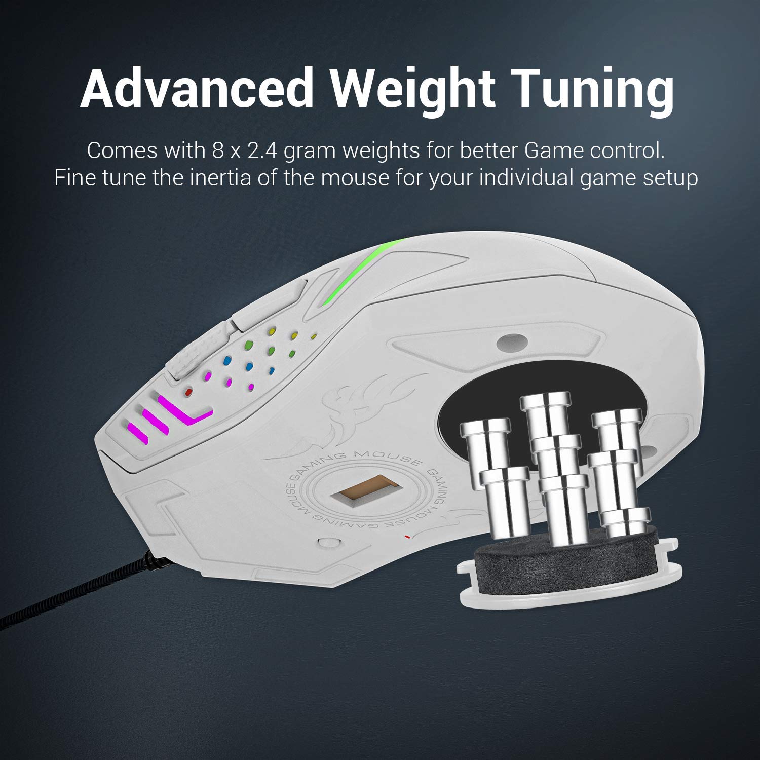 Redragon M601 RGB Gaming Mouse Backlit Wired Ergonomic 7 Button Programmable Mouse Centrophorus with Macro Recording & Weight Tuning Set 7200 DPI for Windows PC (White)