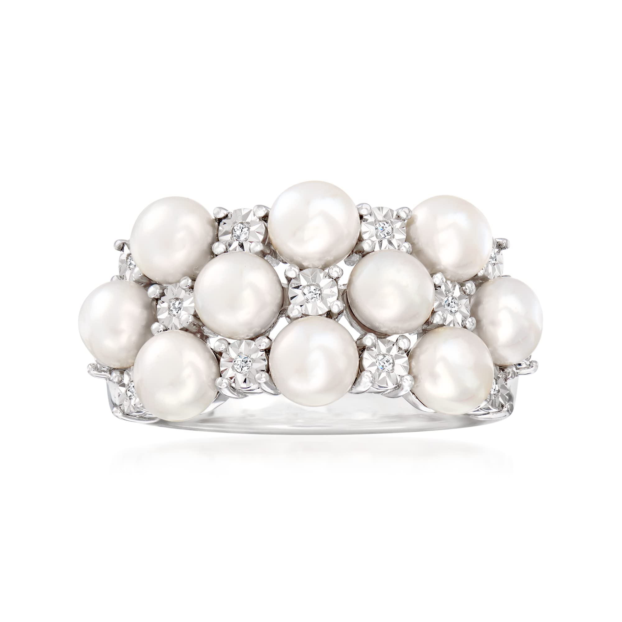 Ross-Simons 4mm Cultured Pearl Ring With Diamond Accents in Sterling Silver. Size 8