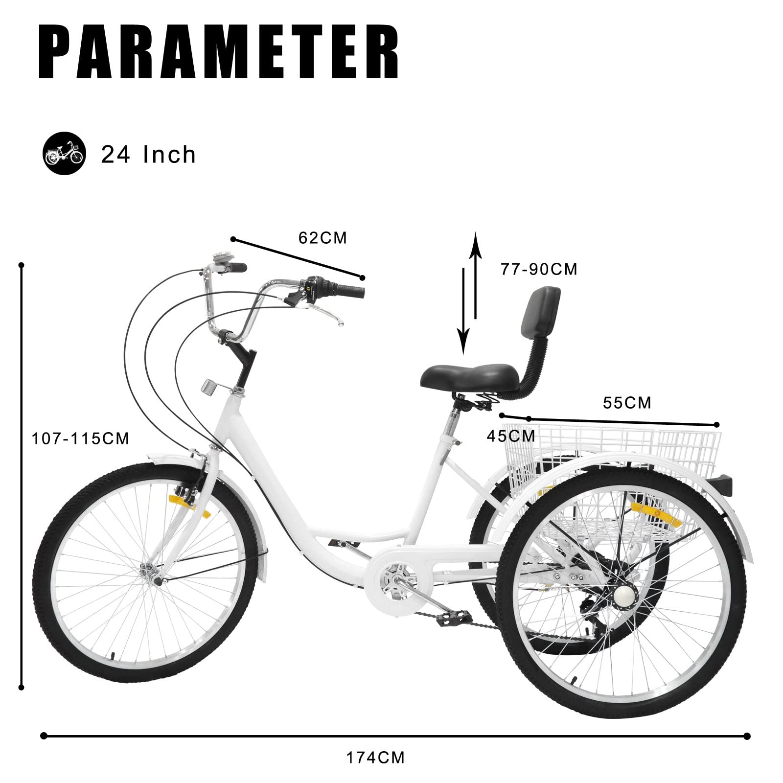 UNIKAT 24Inch Adult Tricycle - 7 Speed Three Wheel Beach Cruise with Low-Step Through Frame Large Cargo Basket Backrest Saddle - Complete Cruiser Bikes for Men Women Seniors (White)