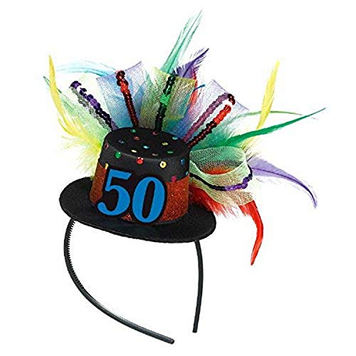 Multicolor 50th Birthday Feathered & Ribboned Fascinator - 12" x 9.75", 1 Piece - Perfect for 50th Anniversaries and Birthday Celebrations