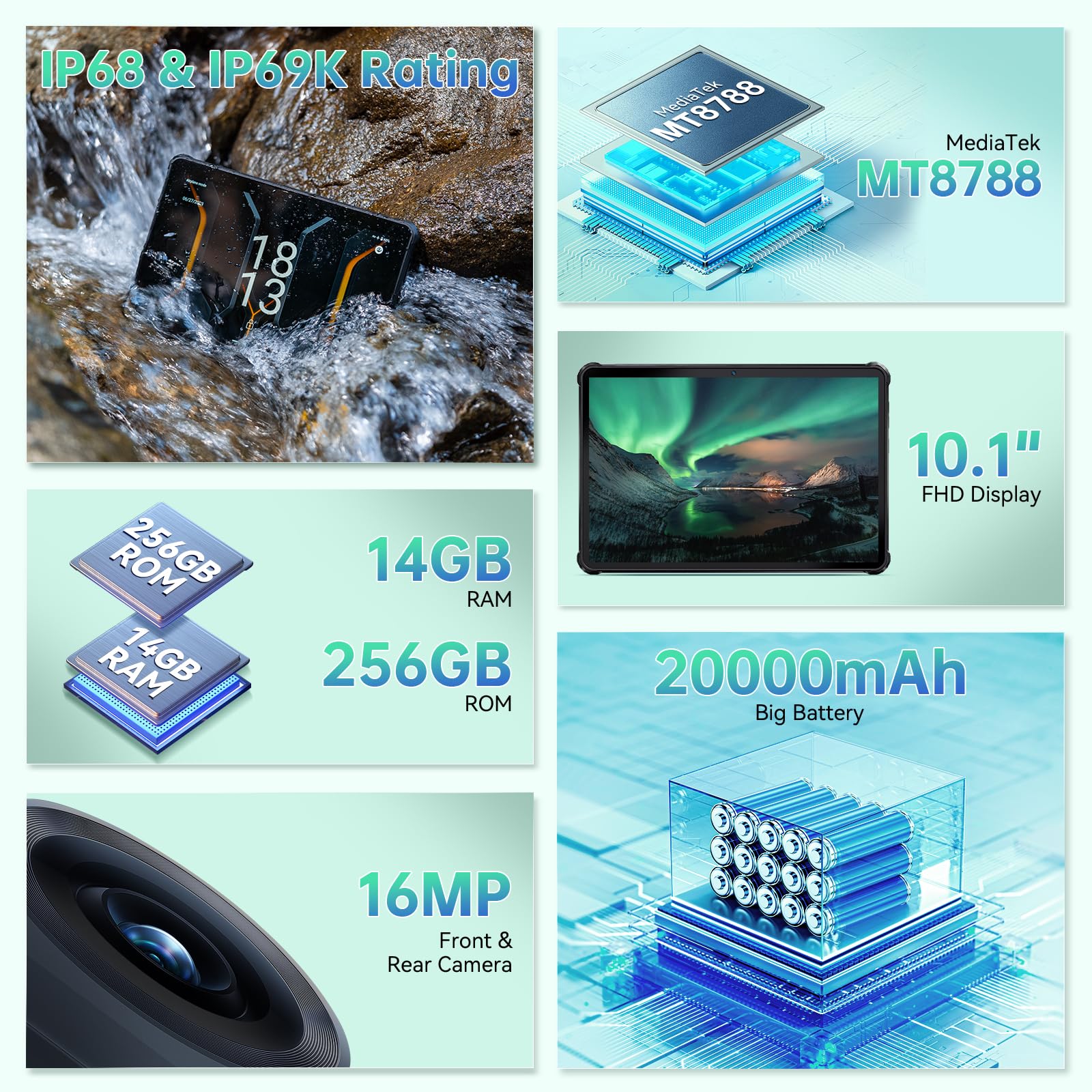 OUKITEL RT6 10.1in 20000mAH/77WH Android13 Tablet,14GB+256GB(1TB) 1200×1920 FHD+ Rugged Tablet,16MP+16MP Camera 8-core 4G LTE Waterproof Tablet/33W Fast Charging/OTG/Reverse Charge/T-Mobile/Wi-Fi