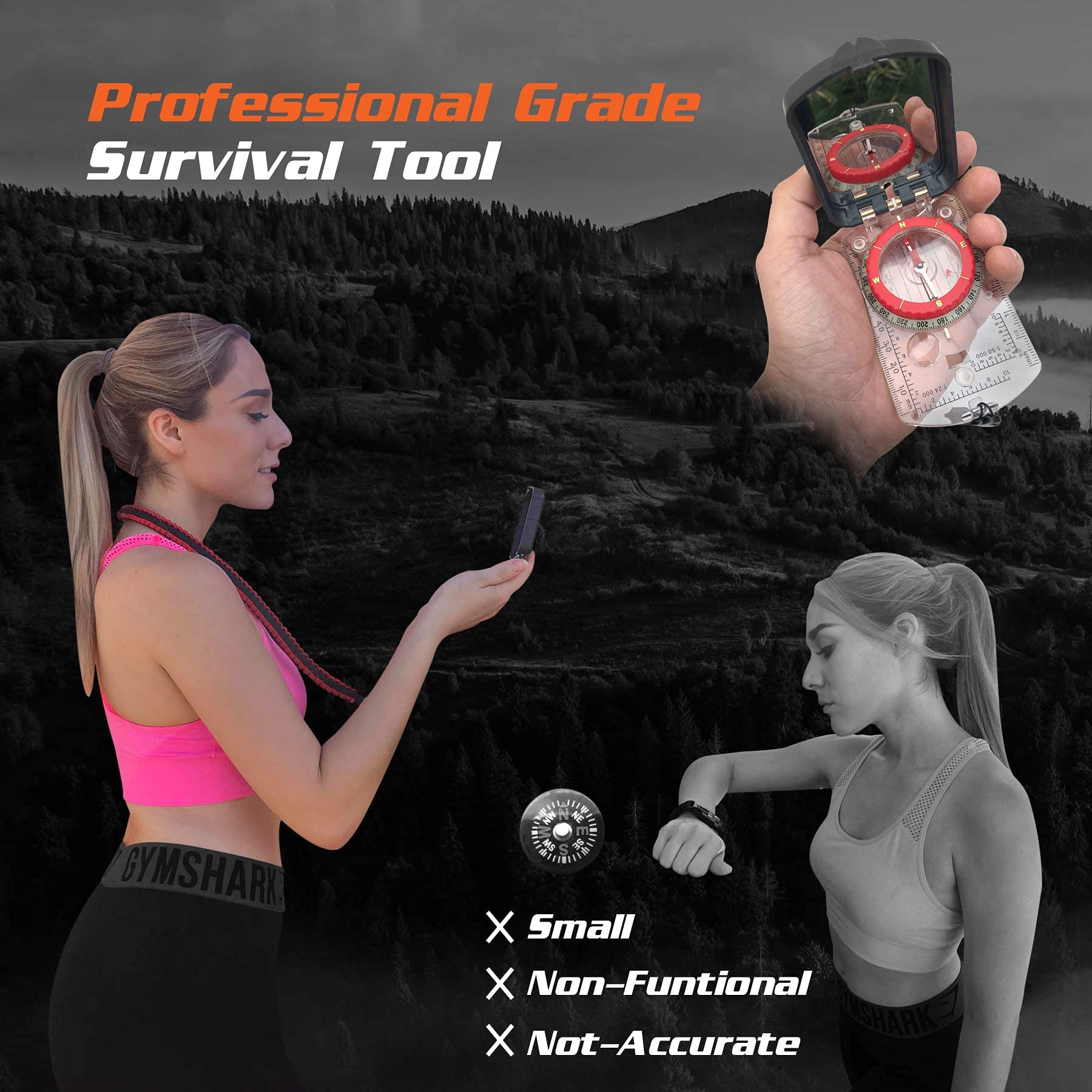 PREPARED4X Hiking Compass Survival β Mirror Sighting Map Orienteering Compass β with 35-Ft 550 Survival Paracord Lanyard, Fire Starter, Whistle, Fishing Line, Tinder Cord