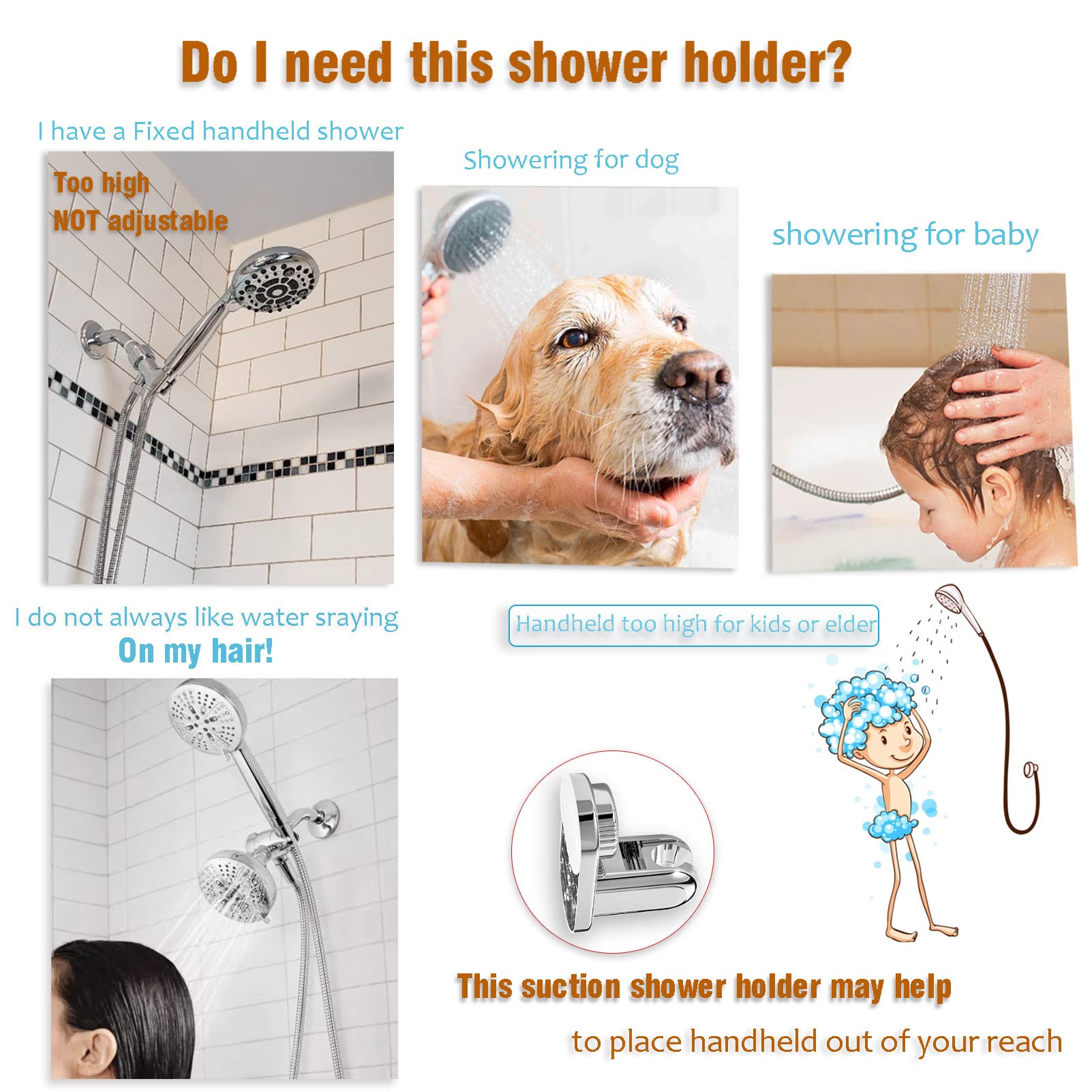 Wall Mount Handheld Shower Head Holder - 5 Positions Adjustable + 90° downwards - Large Shower Sprayer Fits - Suction Assisted Adhesive - Wide Slot - No Drill Installation - All Chrome Finish